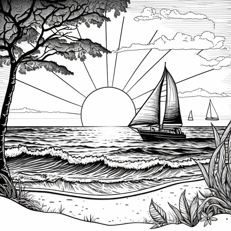 Beach Scene Coloring Pages Bundle #1, PNG Digital Download Pages, Beach ...