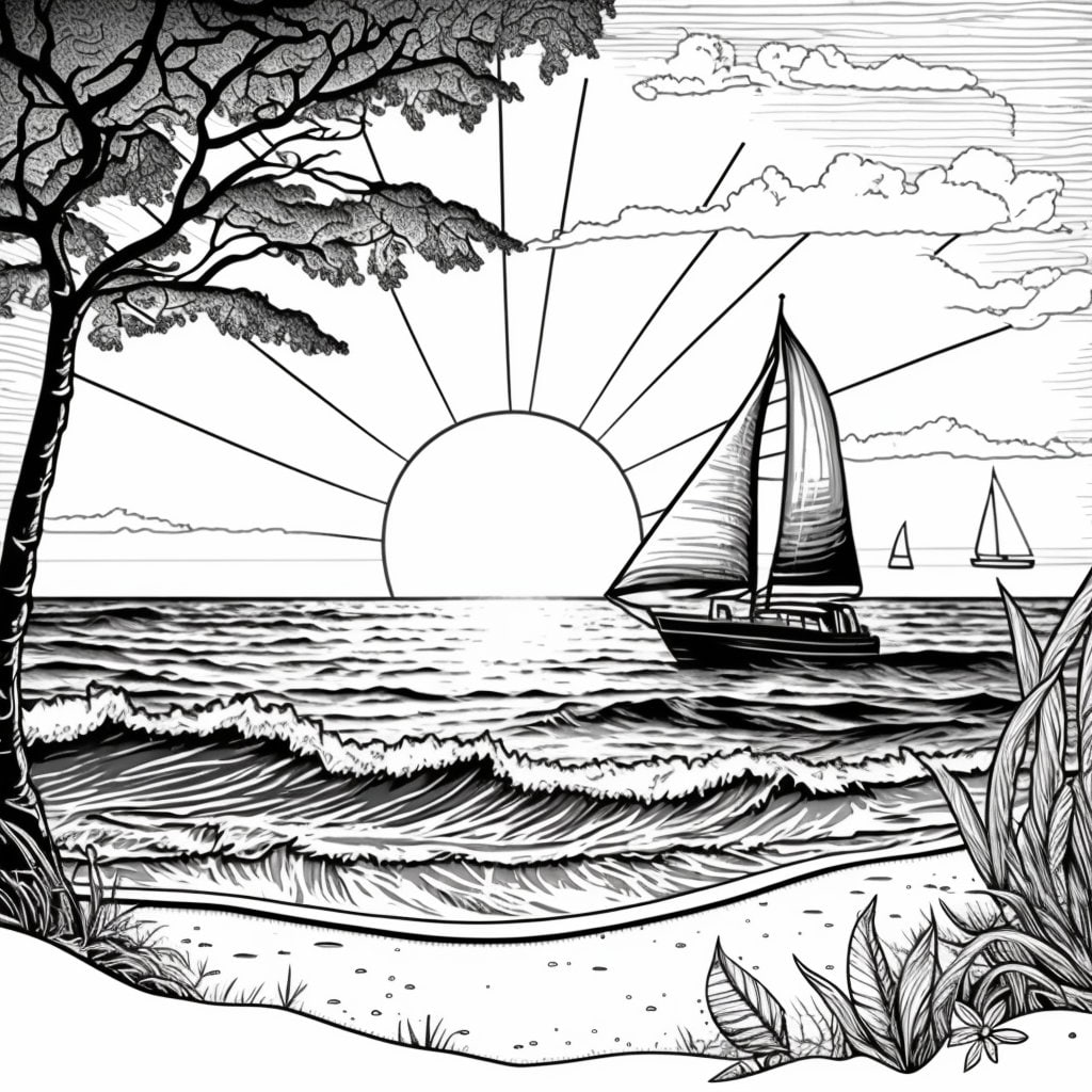 Beach Scene Coloring Pages Bundle #1, PNG Digital Download Pages, Beach ...