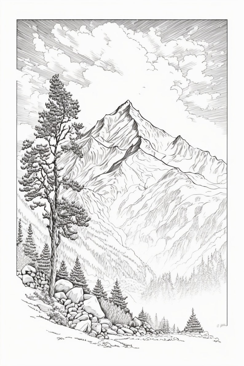 Coloring Pages, Mountain Scenes, Black and White for Coloring, Digital ...