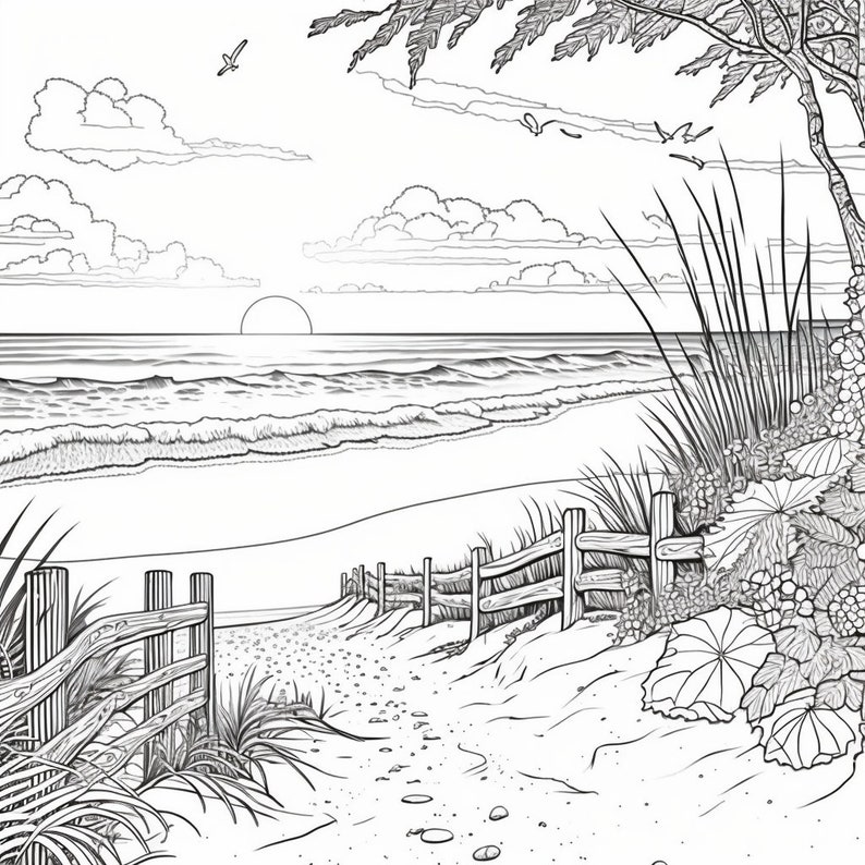 Beach Scene Coloring Pages Bundle #1, PNG Digital Download Pages, Beach ...