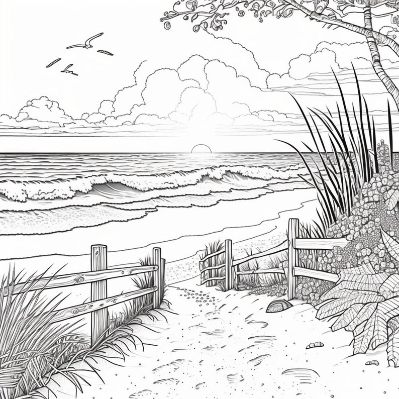 Beach Scene Coloring Pages Bundle #1, PNG Digital Download Pages, Beach ...
