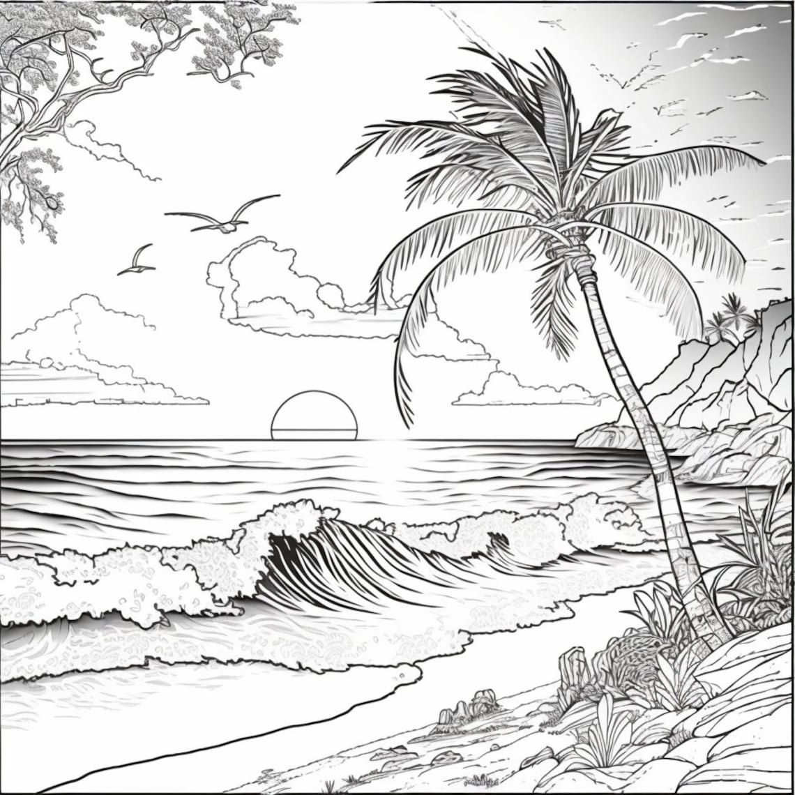 Beach Scene Coloring Pages Bundle #1, PNG Digital Download Pages, Beach ...