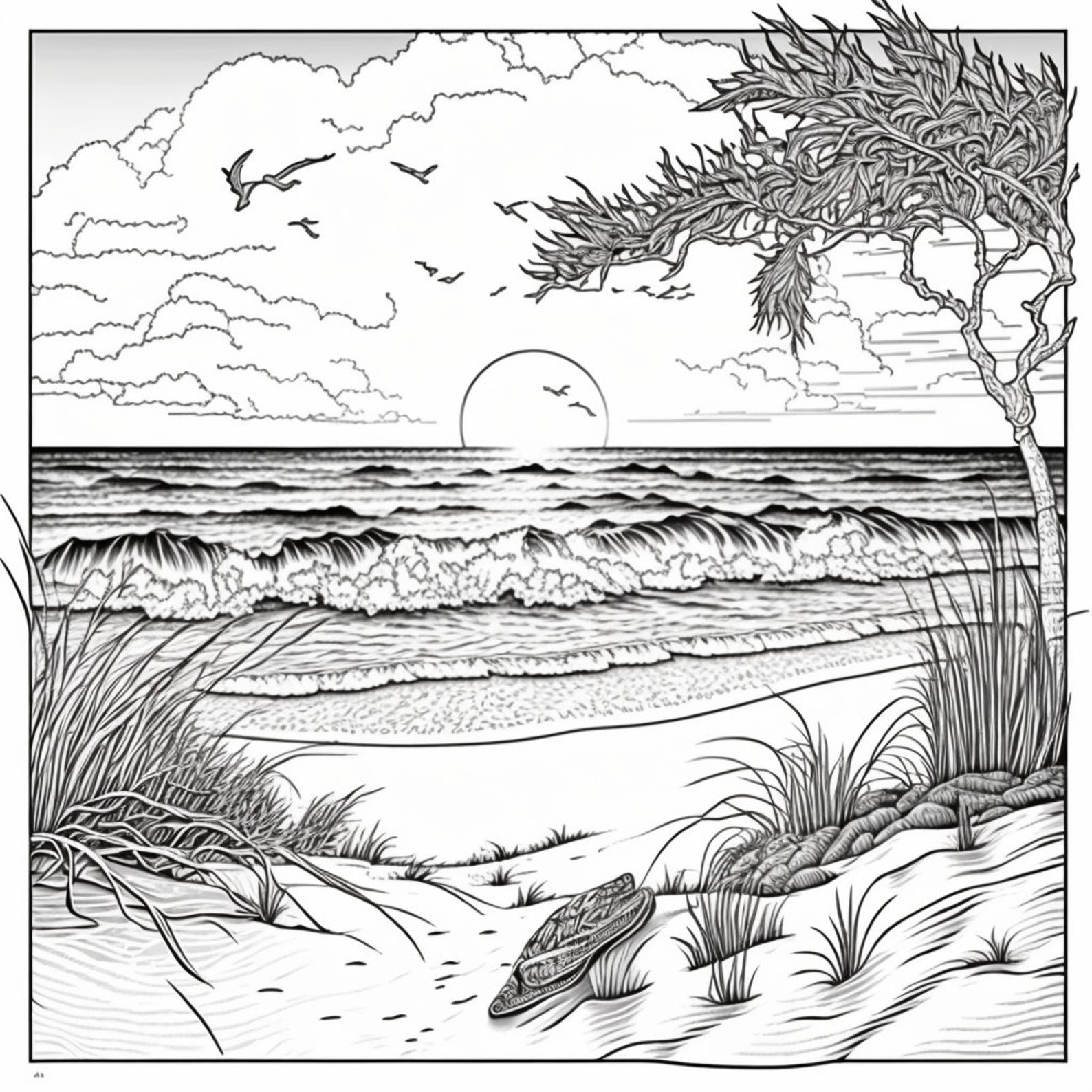 Beach Scene Coloring Pages Bundle #1, PNG Digital Download Pages, Beach ...