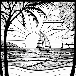 Beach Scene Coloring Pages Bundle #2, PNG Digital Download Pages, Beach ...