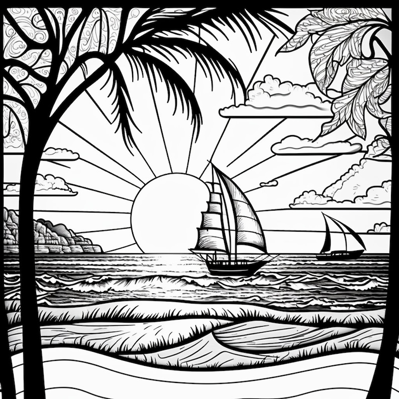 Beach Scene Coloring Pages Bundle 2, PNG Digital Download Pages, Beach ...