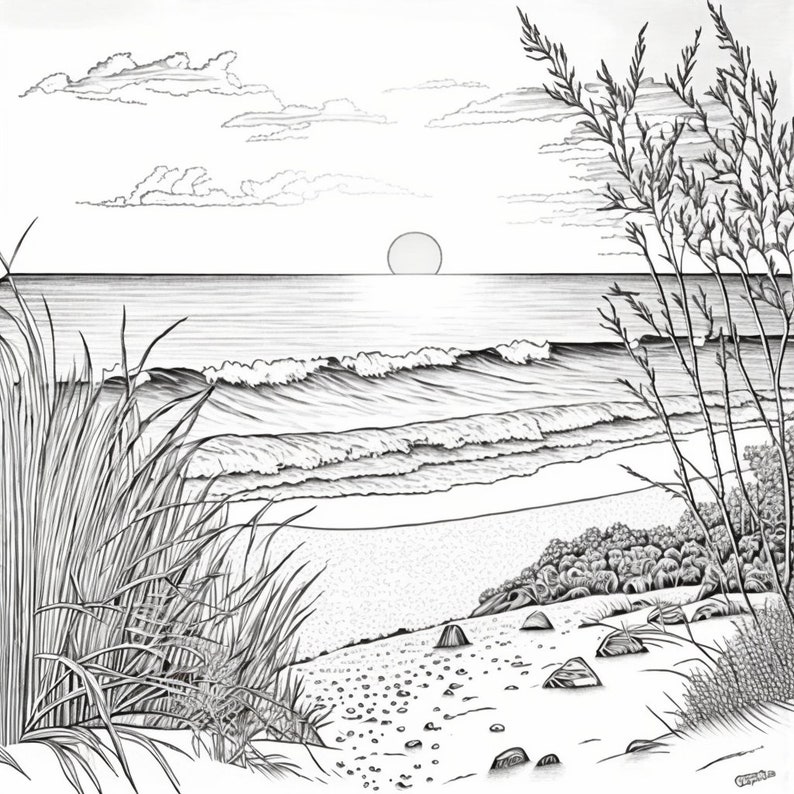 Beach Scene Coloring Pages Bundle #2, PNG Digital Download Pages, Beach ...