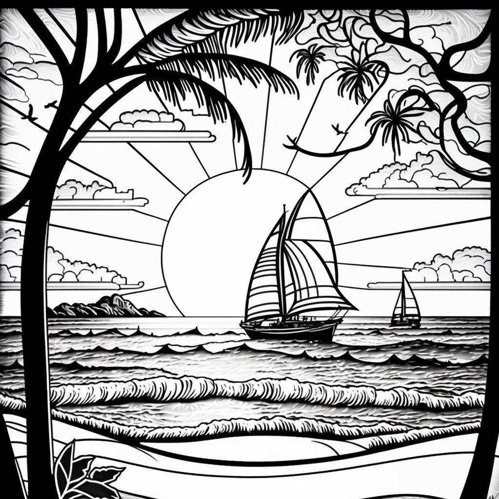 Beach Scene Coloring Pages Bundle #1, PNG Digital Download Pages, Beach ...