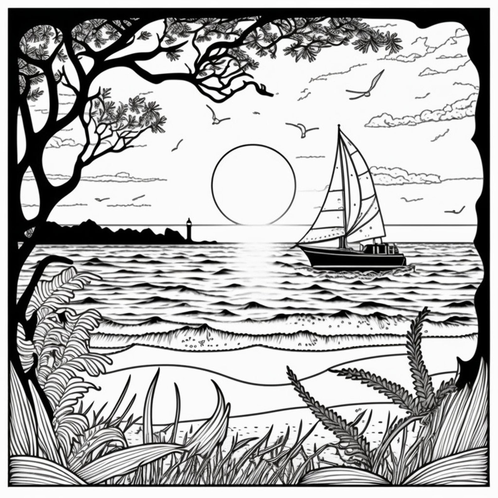 Beach Scene Coloring Pages Bundle #1, PNG Digital Download Pages, Beach ...