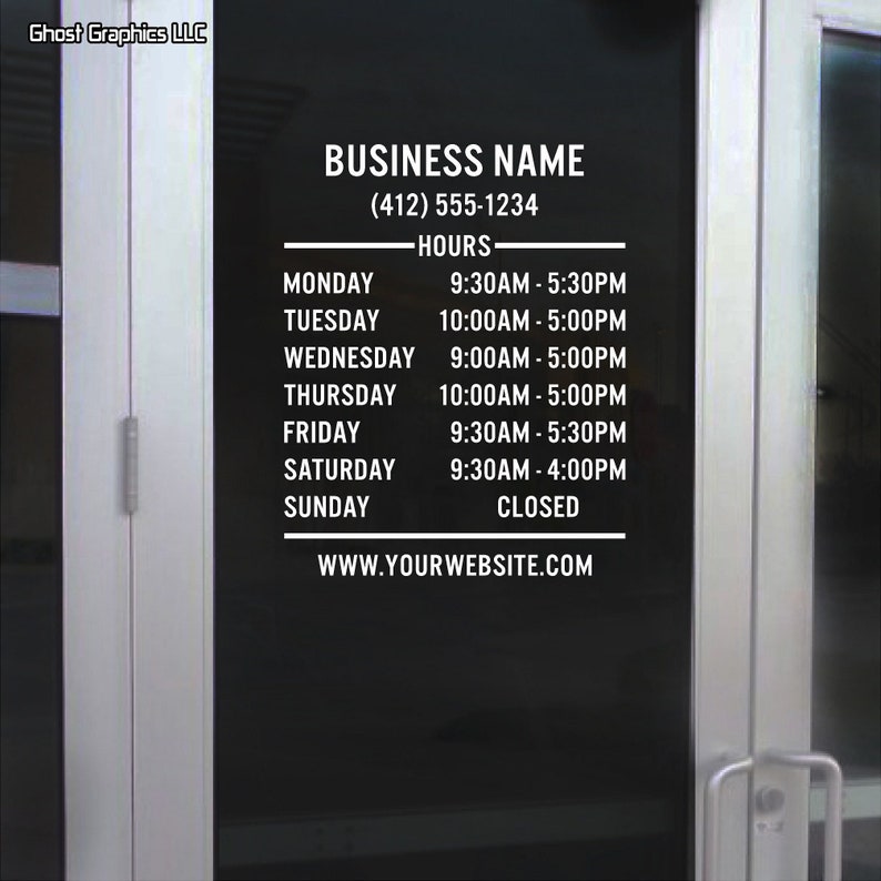 Custom Store Hours Door Decal, Business Storefront Hours Sticker, Hours ...