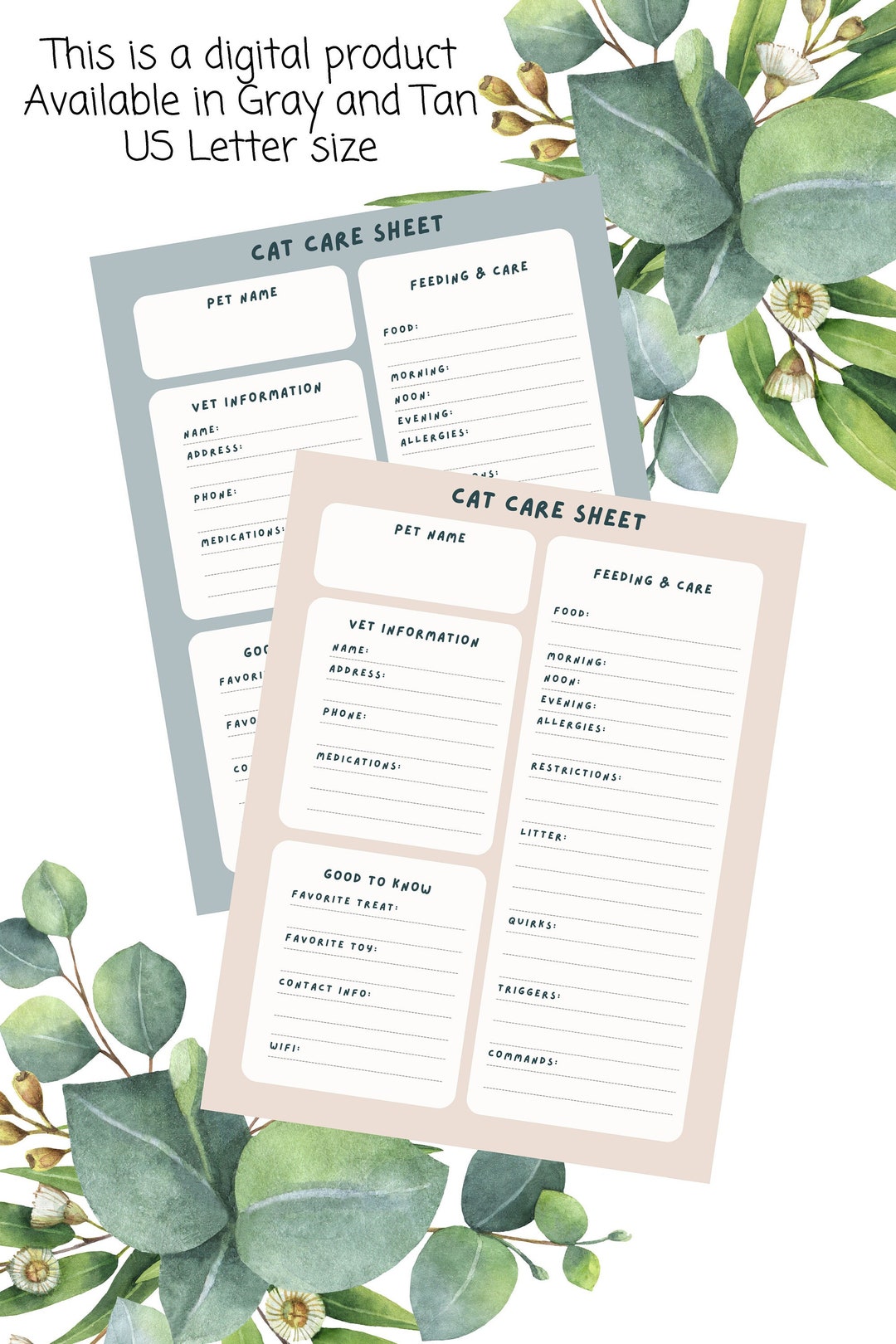 Cat Care Sheet for Pet Sitter / Cat Sitter Checklist Care - Etsy
