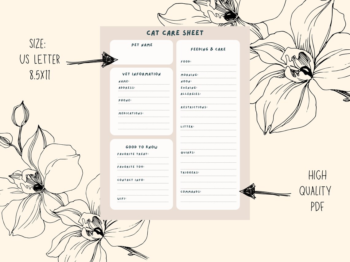Cat Care Sheet for Pet Sitter / Cat Sitter Checklist, Care Instructions ...