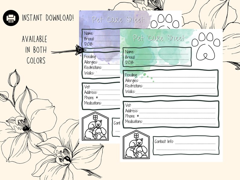 Pet Care Sheet - Digital - Etsy