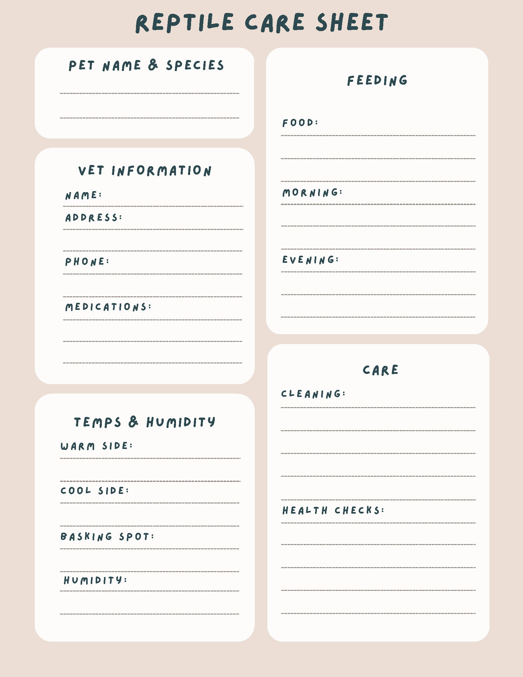 Reptile Care Sheet for Pet Sitter / Snake or Lizard Sitter - Etsy