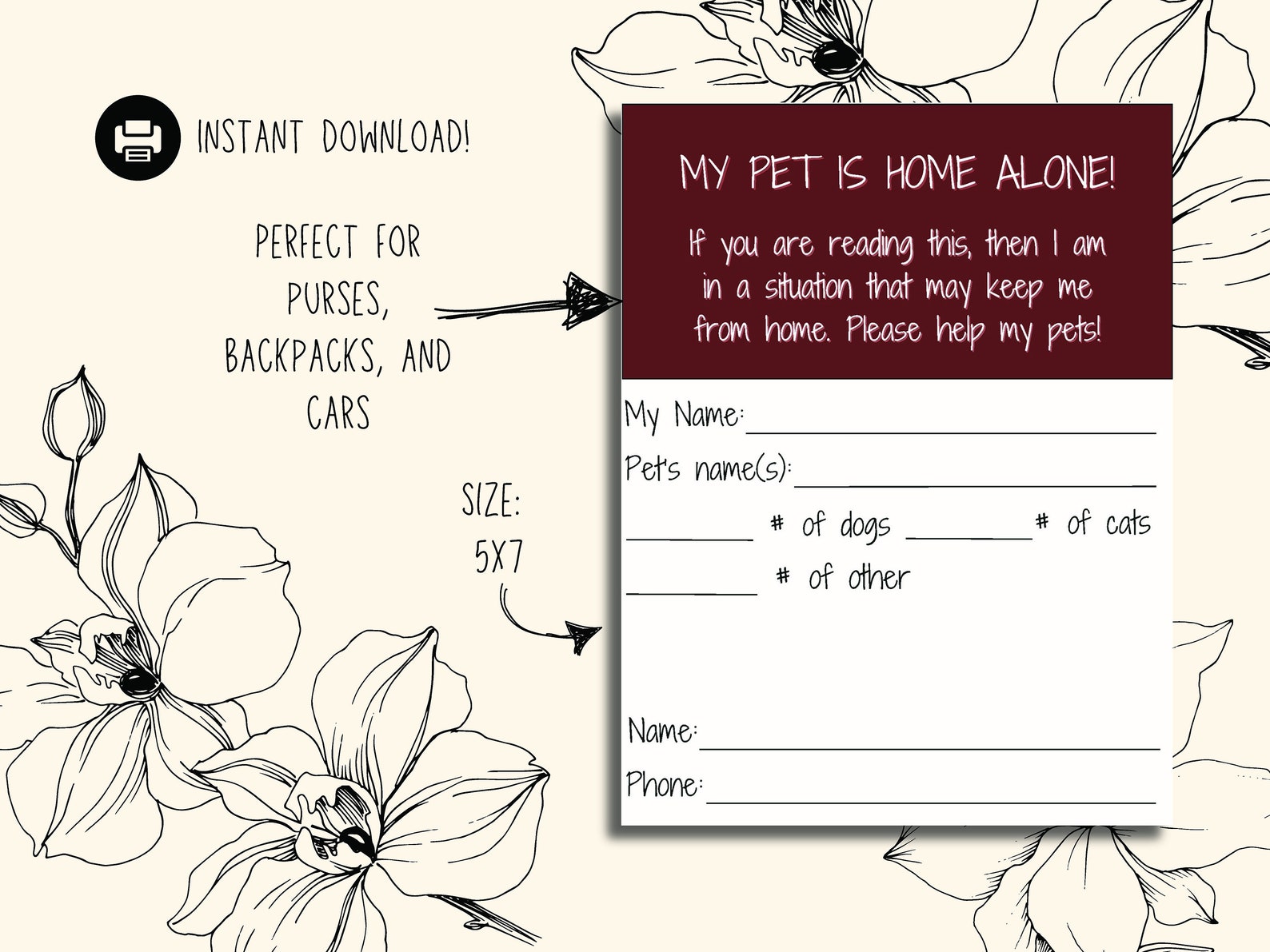 Emergency Pet Information Card PDF Printable | ICE Card | Emergency ...