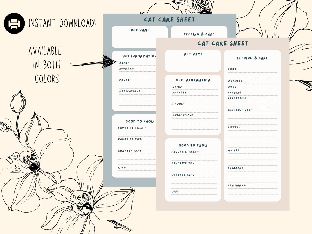 Cat Care Sheet for Pet Sitter / Cat Sitter Checklist, Care Instructions ...