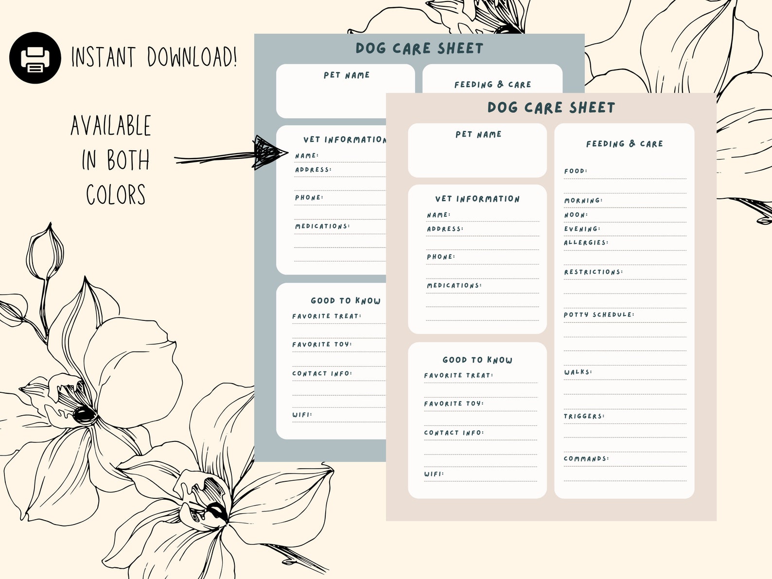 Dog Care Sheet for Pet Sitter / Dog Sitter Checklist, Care Instructions ...