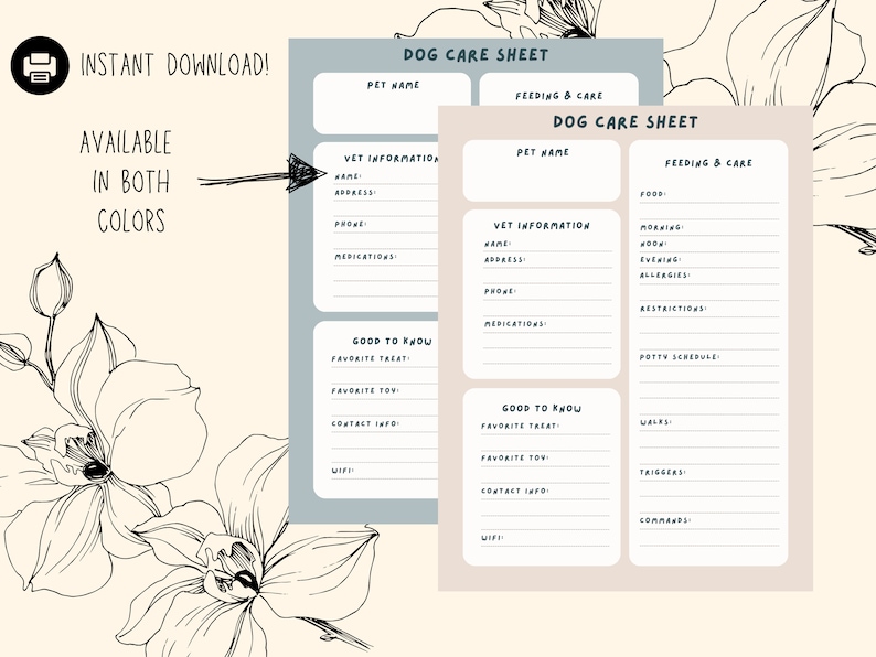 Dog Care Sheet for Pet Sitter / Dog Sitter Checklist, Care Instructions ...