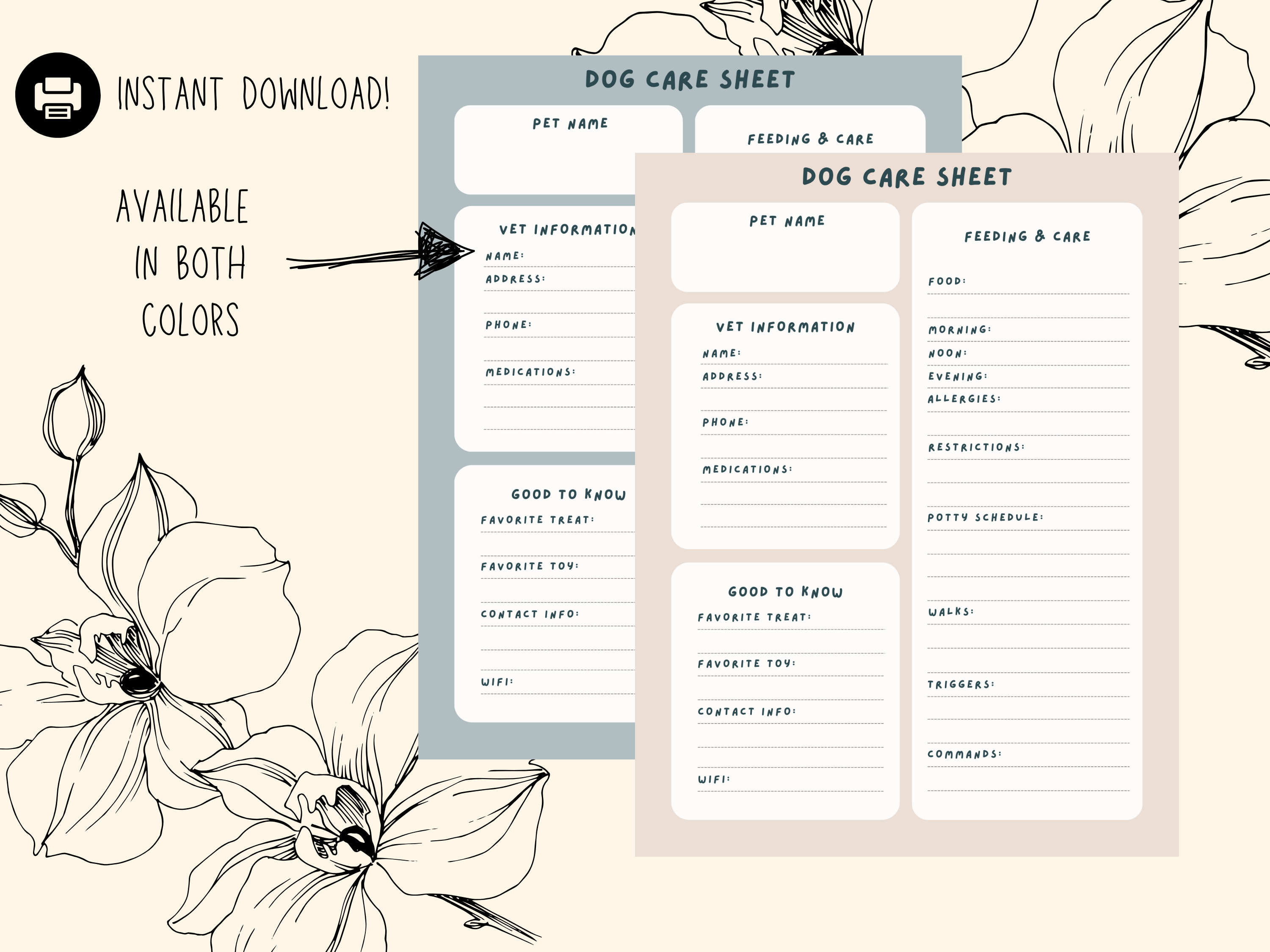 Dog Care Sheet for Pet Sitter / Dog Sitter Checklist, Care Instructions ...