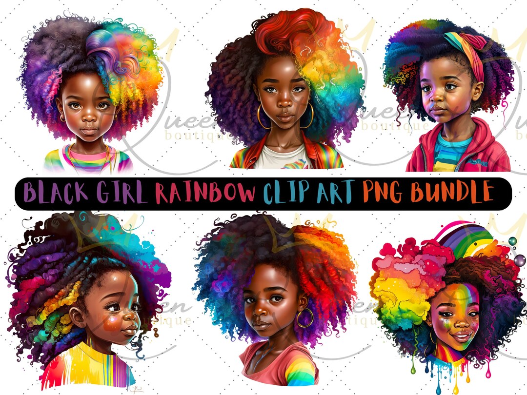 6 Watercolor Little Black Girls PNG Bundle - Rainbow, Afro, Melanin ...