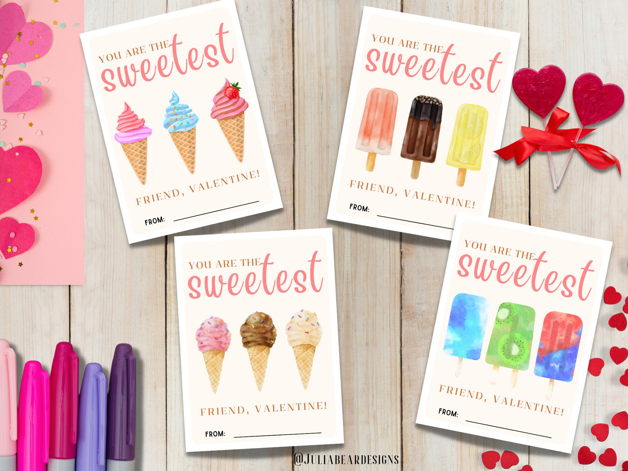 Ice Cream Valentines Cards for Kids Editable Valentine Template Instant ...