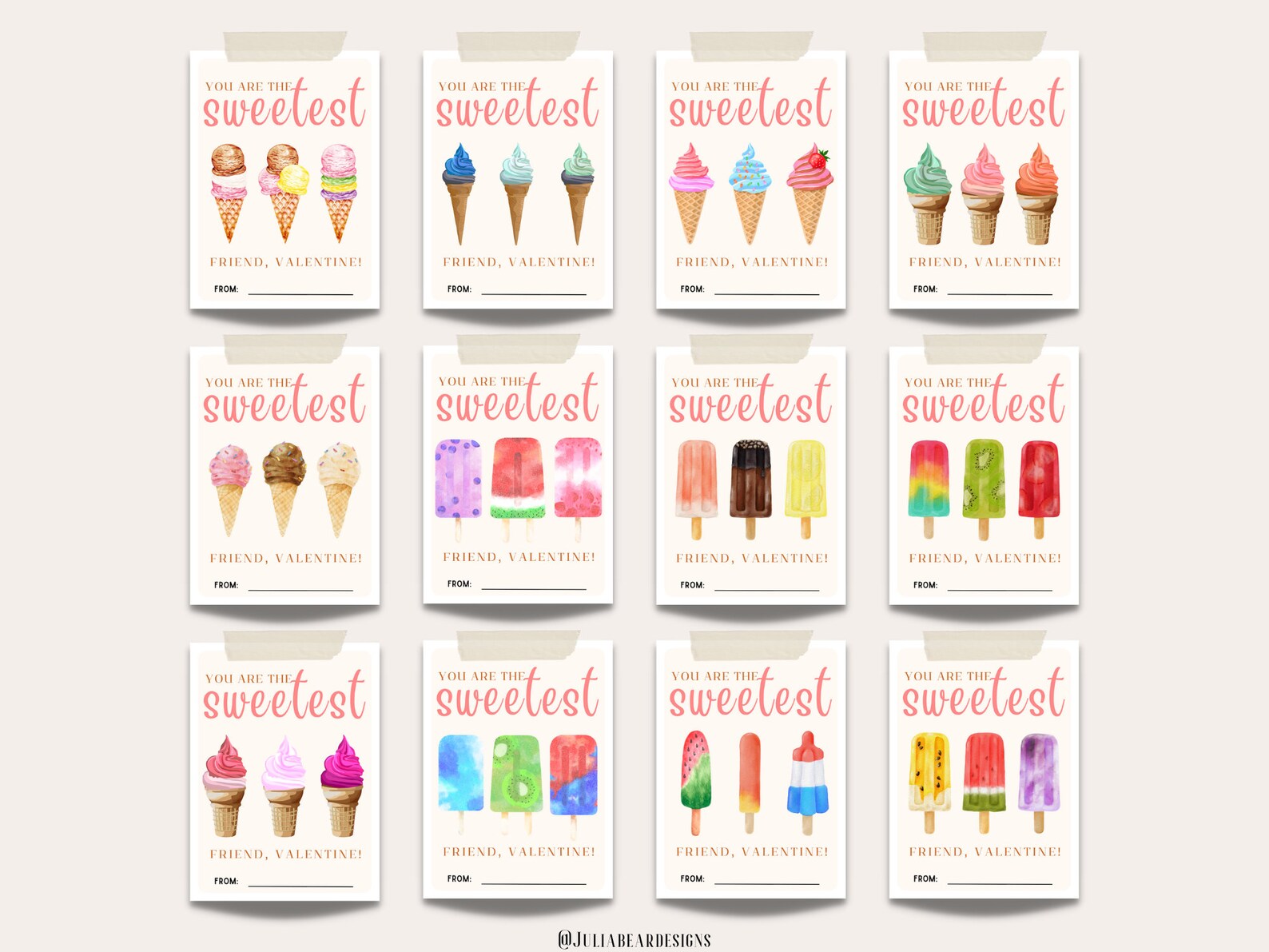 Ice Cream Valentines Cards for Kids Editable Valentine Template Instant ...