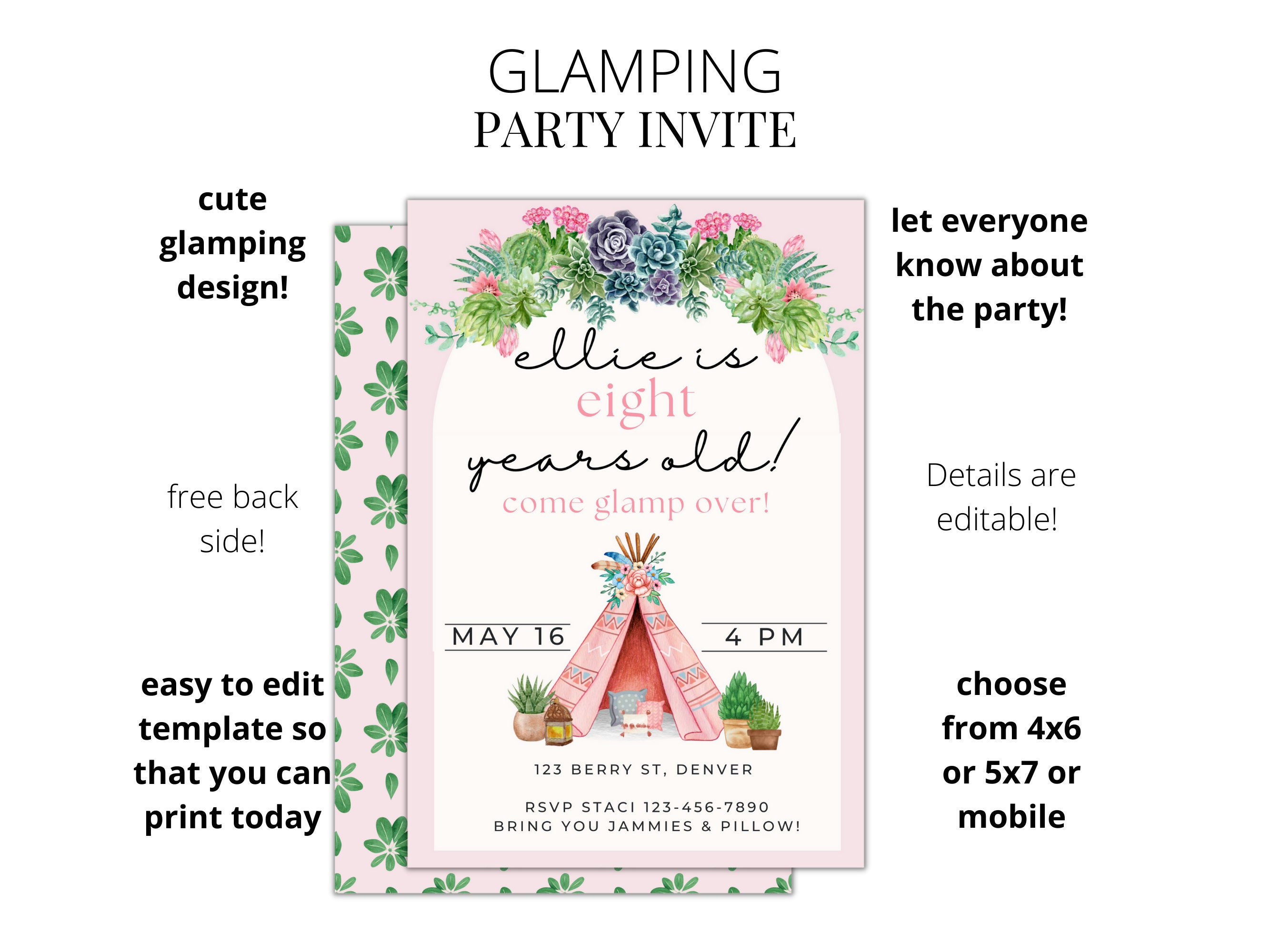 Glamping Birthday Invitation Template Instant Digital Download Editable ...