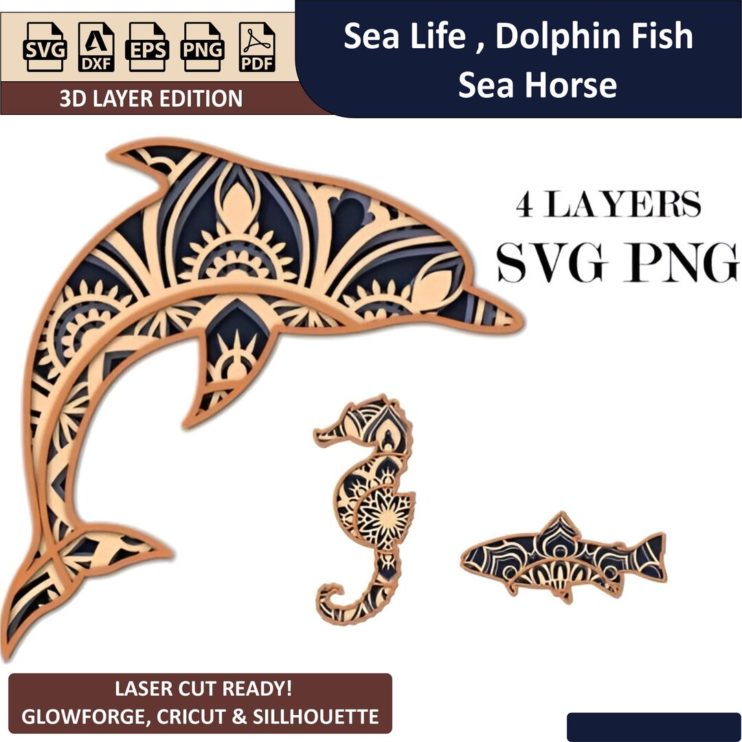3D Laser Cut Sea Life Animals SVG: Dolphin, Fish & Sea Horse Craft ...