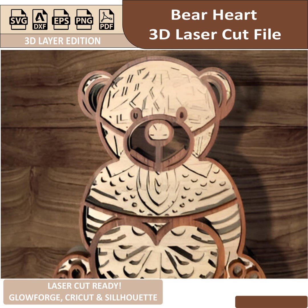 Bear Heart 3D Laser Cut File for Cricut & Silhouette, DIY Wood Paper ...