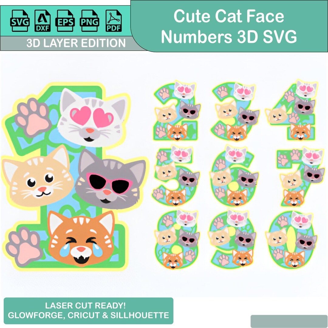 Cute Cat Face Numbers 3D SVG Cut Files for Cricut & Silhouette ...