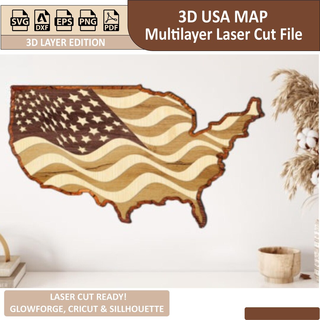 3D USA Map Laser Cut File – Multilayer Wall Art Design for Home Decor ...