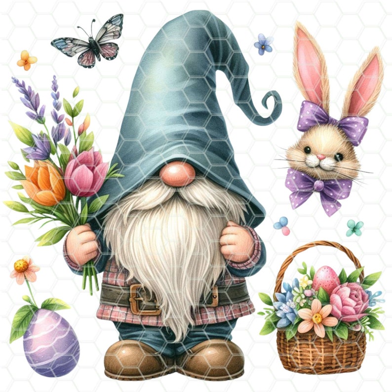 Watercolor Easter Gnomes Clipart Bundle: Bunny & Floral Designs (PNG ...