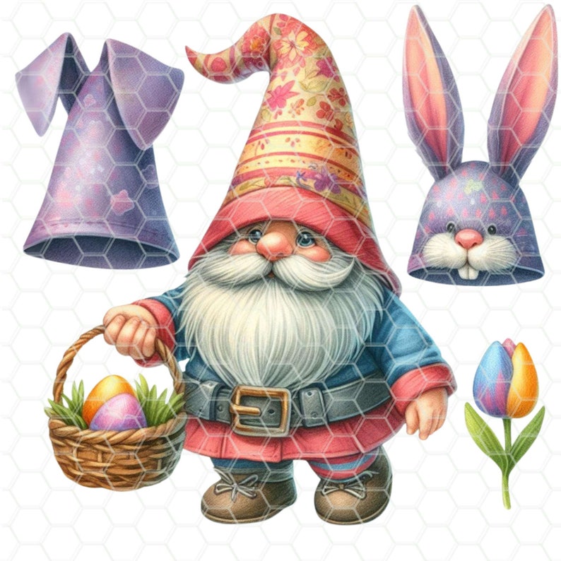 Watercolor Easter Gnomes Clipart Bundle: Bunny & Floral Designs (PNG ...