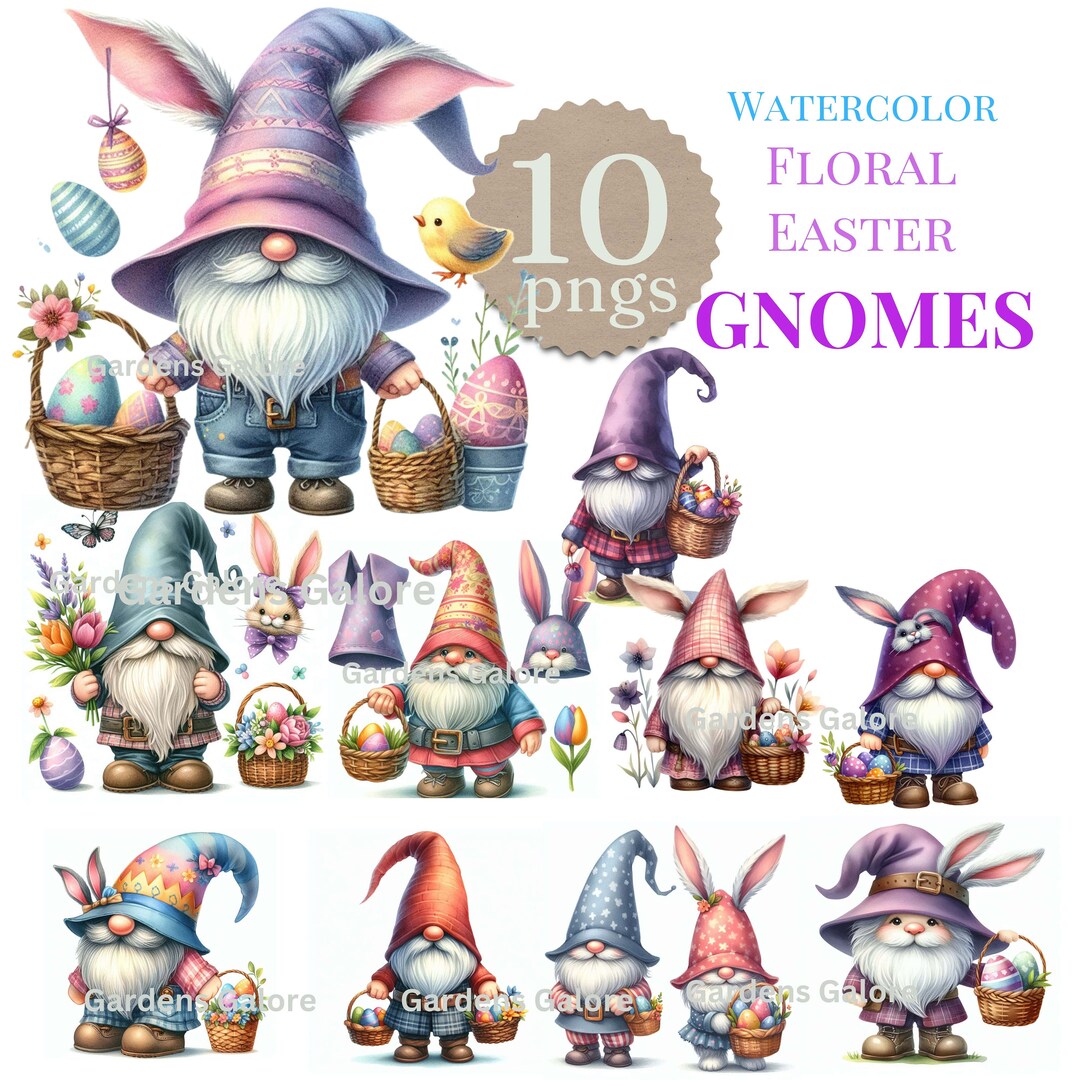 Watercolor Easter Gnomes Clipart Bundle: Bunny & Floral Designs (PNG ...