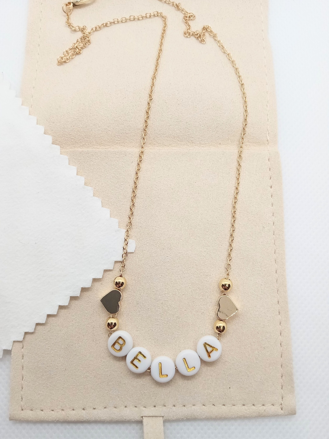 14k Gold Heart Letter Bead Necklace White and Gold Letter Beads Custom ...