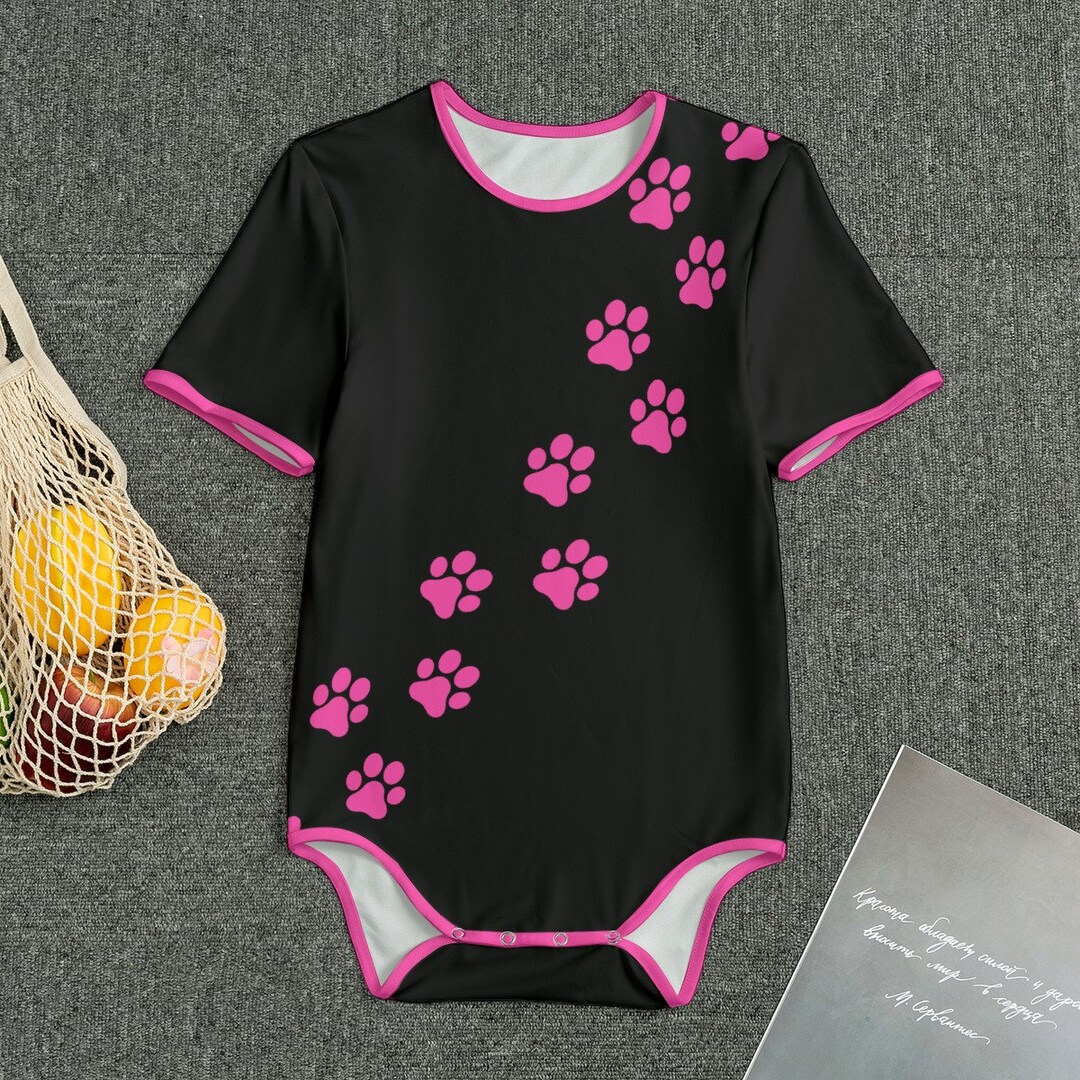 ABDL Black Adult Onesie With Hot Pink "walking" Paw Prints - Etsy