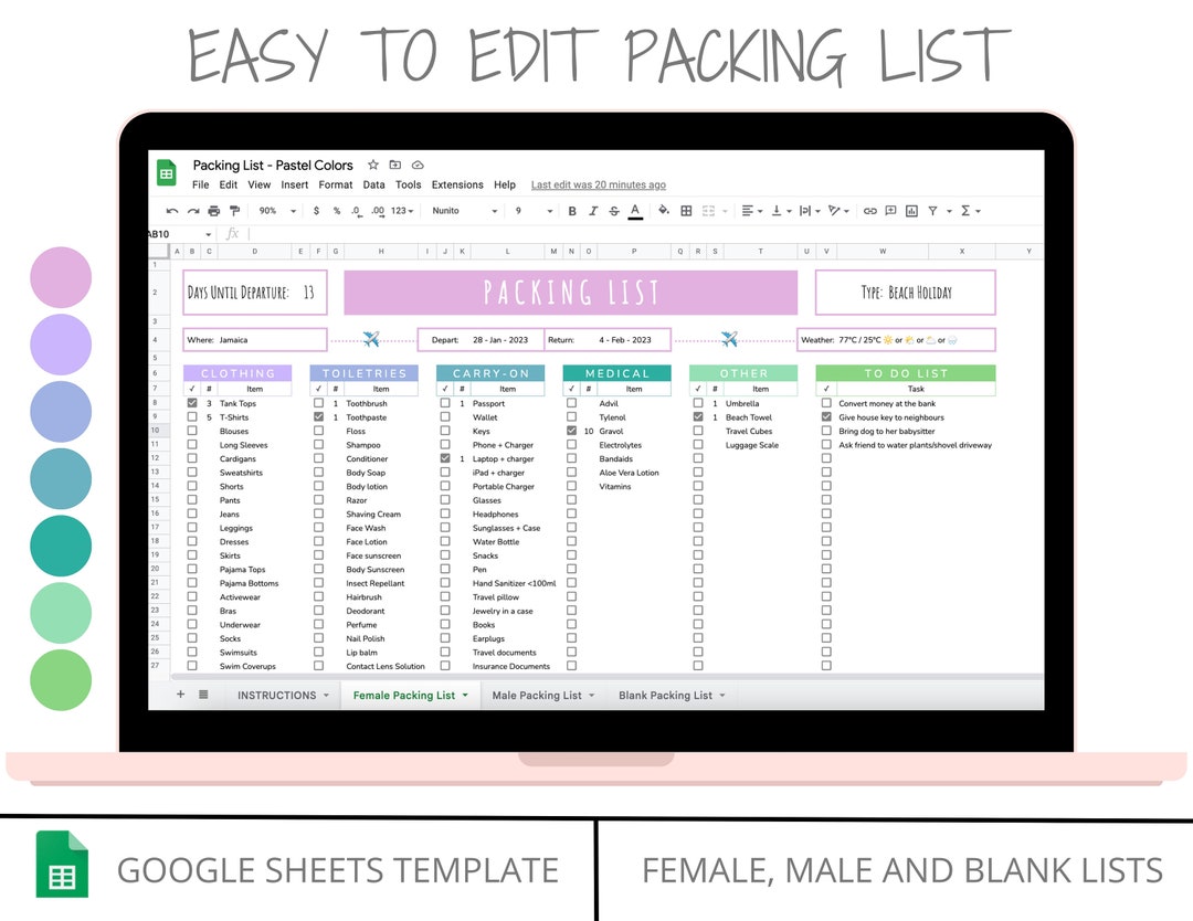 Editable Packing List in Google Sheets. Vacation List for Females ...