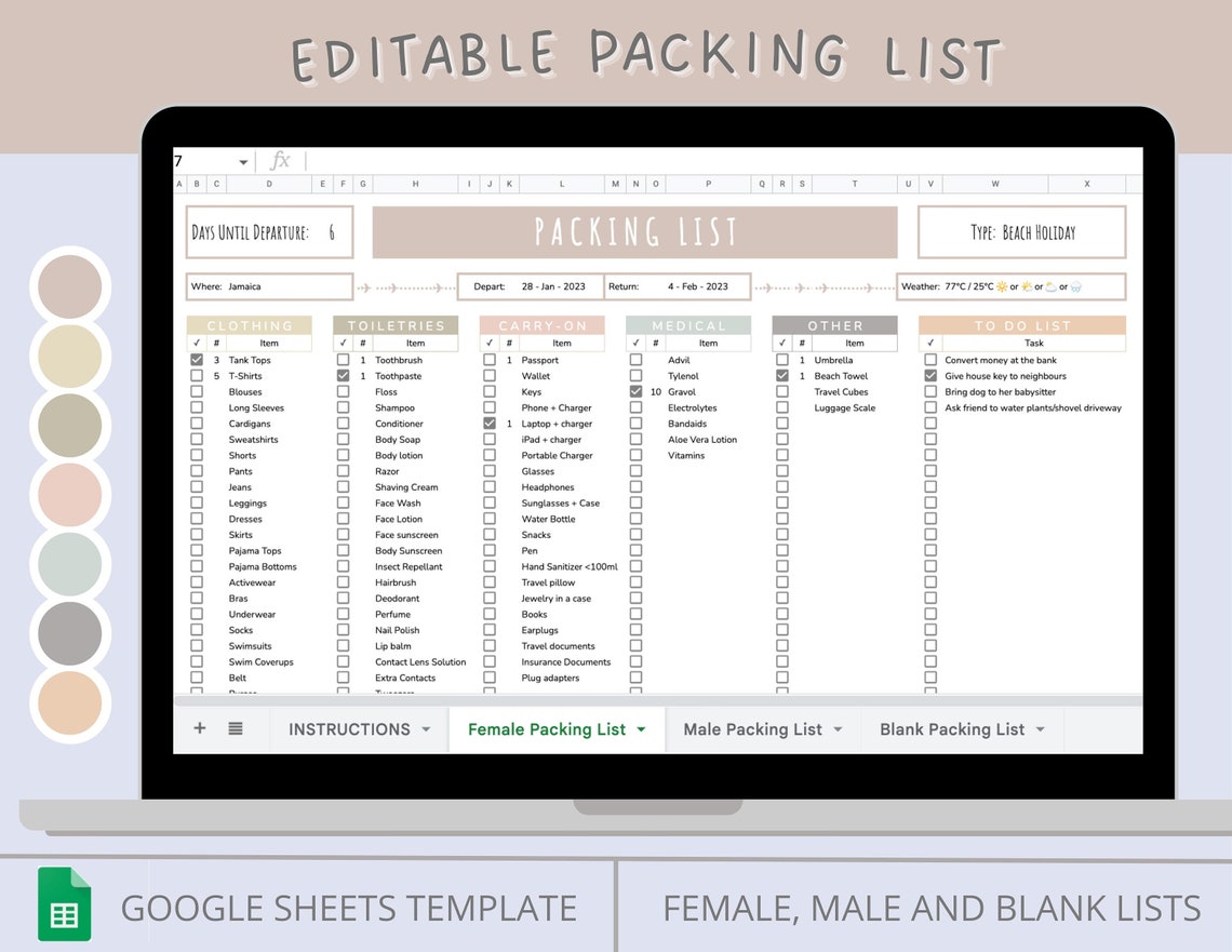 Editable Packing List on Google Sheets. Vacation List for Females ...