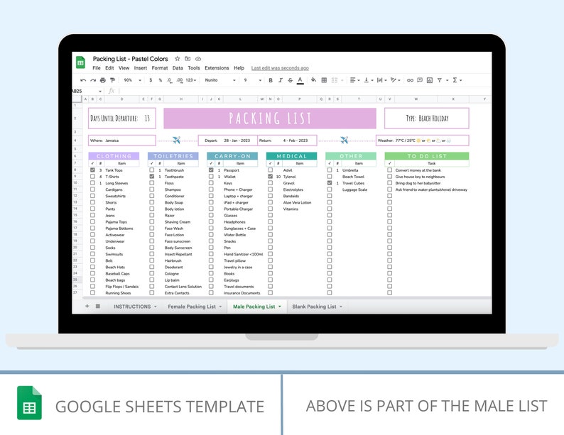 Editable Packing List in Google Sheets. Vacation List for Females ...