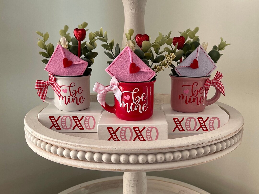 Valentines Tiered Tray Decor, Mini Floral Mug Be Mine, Tiered Tray ...