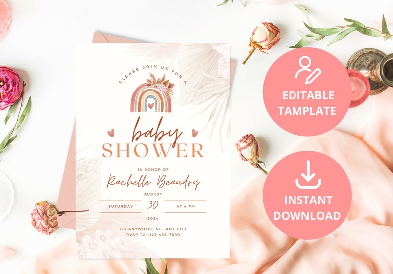 EDITABLE Boho Rainbow Baby Shower Invitation Template | Girl Baby ...