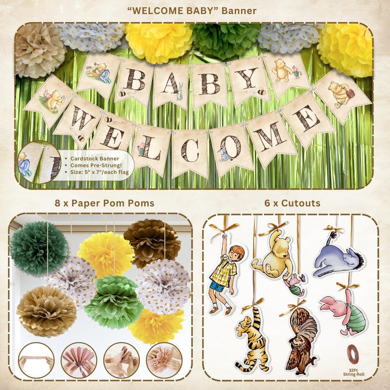 Winnie the Pooh Baby Shower Decorations – Balloons, Backdrop, Welcome ...