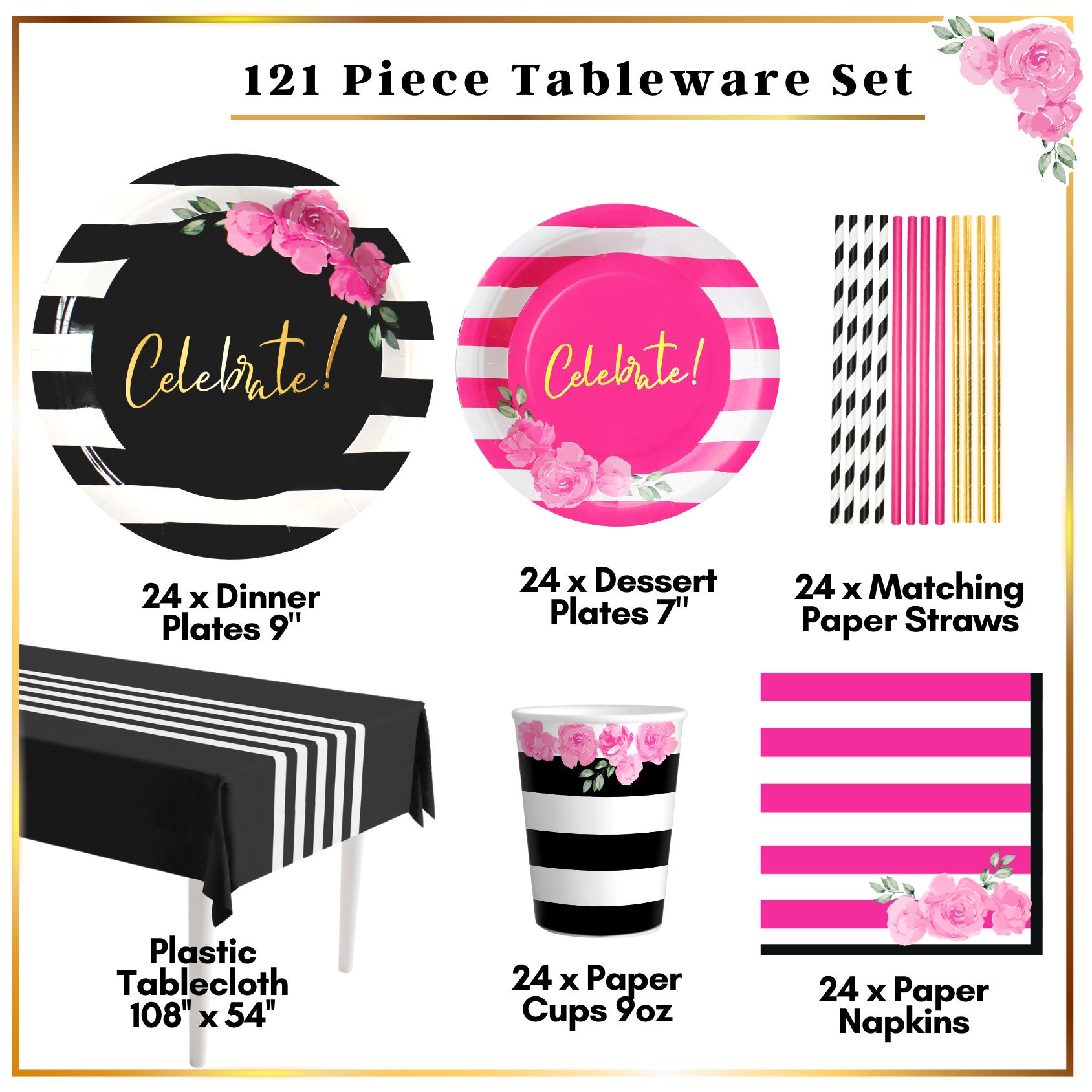 Hot Pink Party Decorations Disposable Tableware Set Serves 24 Plates ...