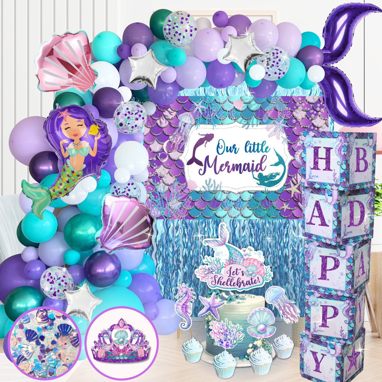 Little Mermaid Birthday Decorations Kit, With Mermaid Tail Balloon ...