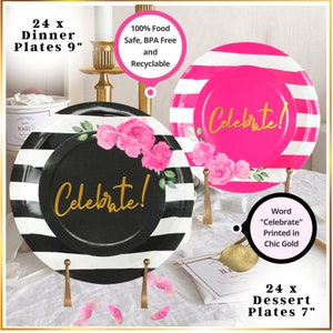 Hot Pink Party Decorations Disposable Tableware Set Serves 24 Plates ...