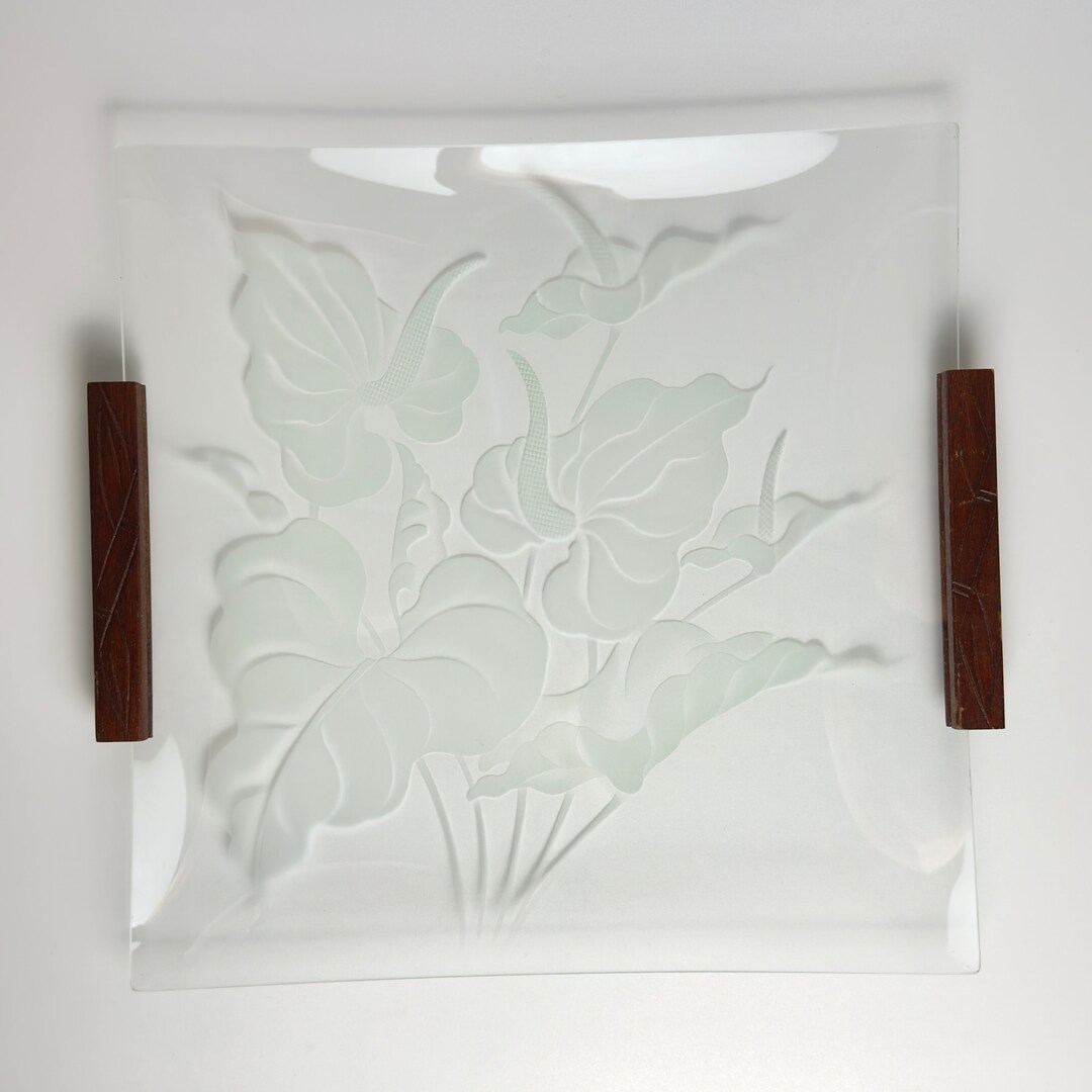 Vintage Frank Oda Glass Tray With Carved Wooden Handles. Etched Design ...