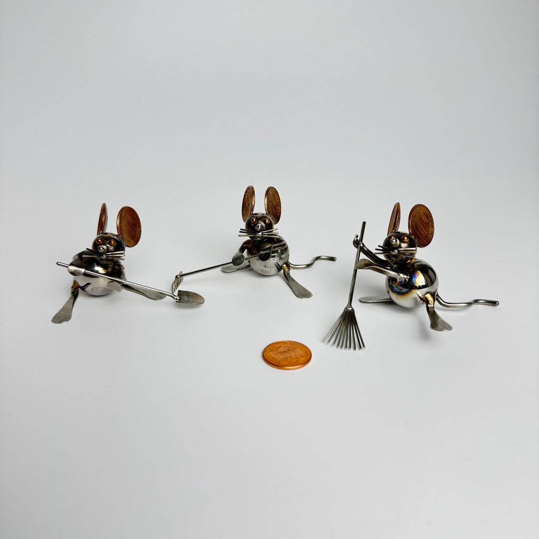 Hand Made Mixed Metal Figurines of 3 Mice Playing With Gardening Tools ...