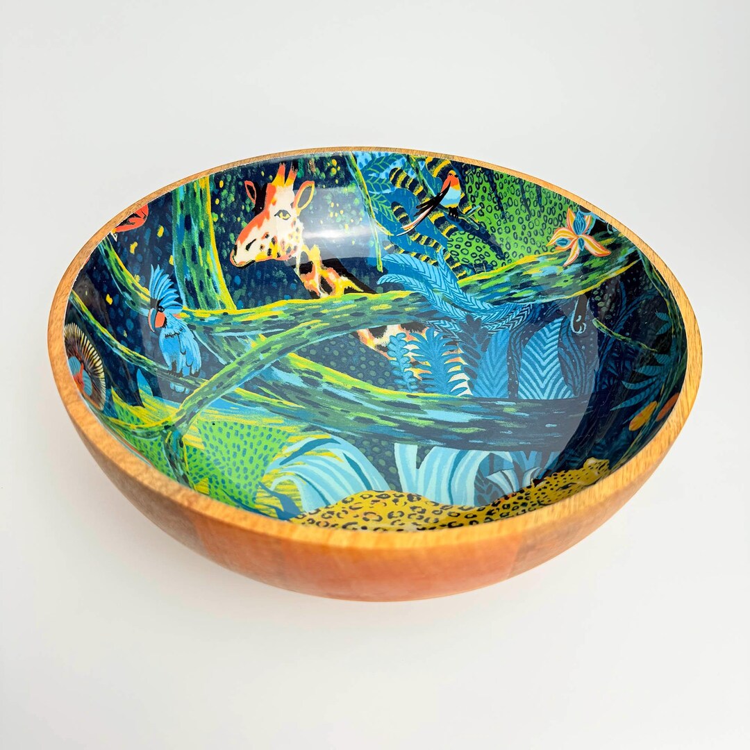 Wooden Opal House Mango Wood Footed Bowl With Jungle Scene. Made in ...