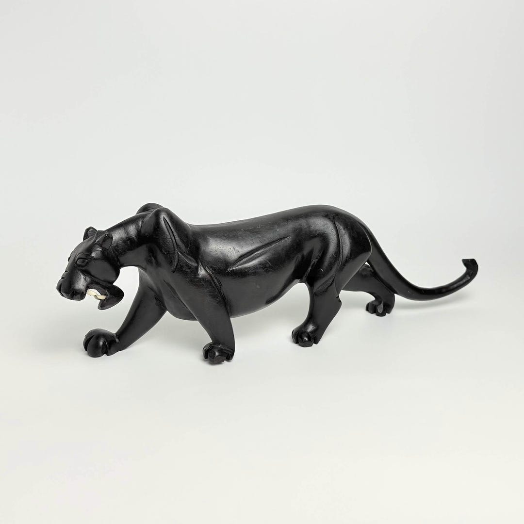 Vintage Hand Carved Ebony Wood and Bone Prowling Black Panther ...