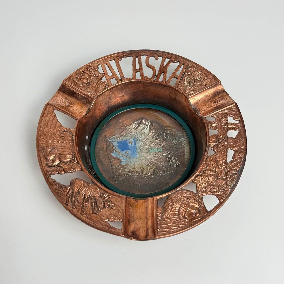 Vintage Copper Metal Souvenir Alaska Ashtray With Inlaid Deep Etched ...
