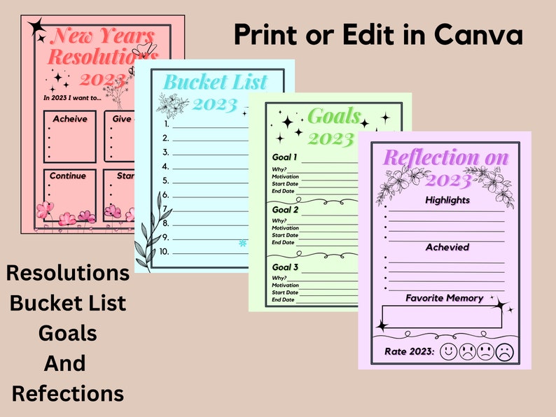 New Years Resolutions Template, Printable, Digital , Editable, Easy to ...
